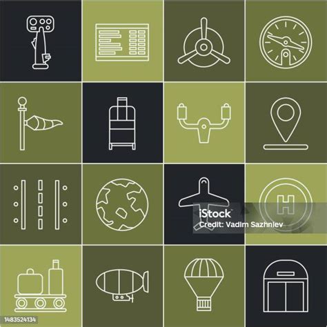 세트 라인 항공기 격납고 헬리콥터 착륙장 위치 비행기 프로펠러 여행 가방 원뿔 기상학 바람막이 바람개비 조타 장치 및 아이콘 벡터 공항에 대한 스톡 벡터 아트 및 기타