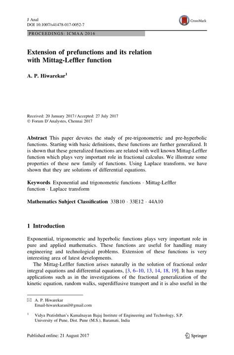 Pdf Extension Of Prefunctions And Its Relation With Mittag Leffler Function The Journal Of