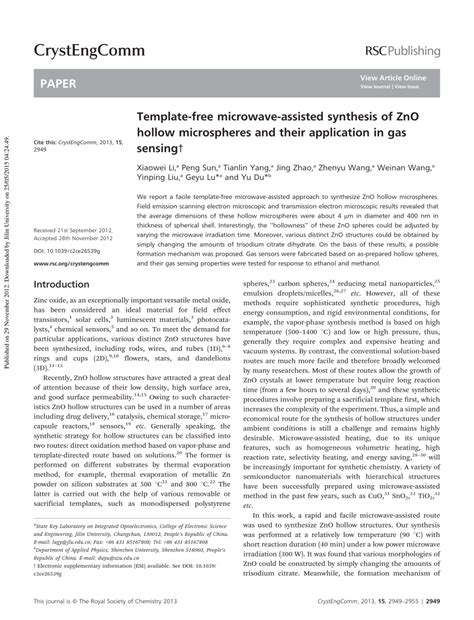 Pdf Template Free Microwave Assisted Synthesis Of Zno Hollow