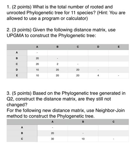 solved 1 2 points total number rooted unrooted phylogenetic tree 11