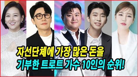 자선단체에 가장 많은 돈을 기부한 트로트 가수 10인의 순위 사랑으로 물든 무대 뒤 이야기 김연자부터 김호중까지 음악과 기부의 전설 Youtube