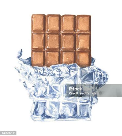 흰색 배경에 고립 된 호일 포장과 손으로 그린 수채화 초콜릿 바 음식 일러스트레이션 수채화에 대한 스톡 벡터 아트 및 기타