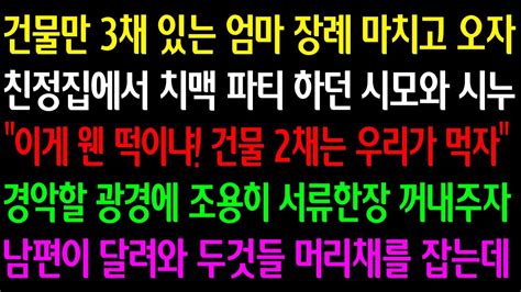 실화사연 건물만 3채 있는 엄마 장례 마치고 오자 치맥 파티 하던 시모와 시누 이게 왠 떡이냐 건물 2채는 우리가 먹자조용히 서류한장 꺼내자 남편이 두것들 머리채
