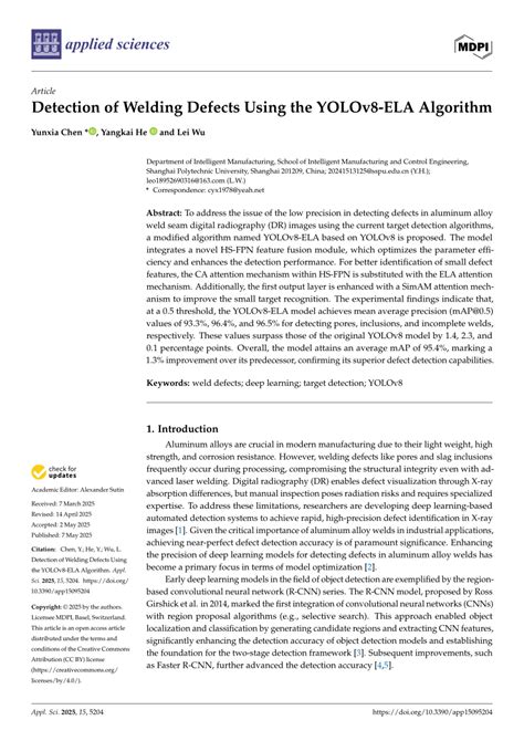 Pdf Detection Of Welding Defects Using The Yolov8 Ela Algorithm