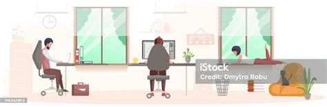 코워킹 스페이스 현대적인 사무실 디자인 노트북에서 네트워크를 통해 통신하는 사람들 가정 생활에 대한 스톡 벡터 아트 및 기타 이미지 가정 생활 가정의 방 개념