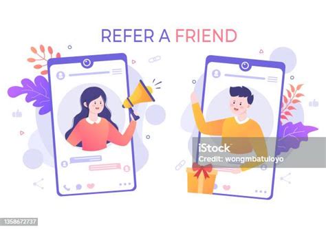 배너 배경 또는 포스터를 통해 친구를위한 화면 휴대 전화 및 소셜 미디어 마케팅에 메가 폰과 친구 플랫 디자인 일러스트를