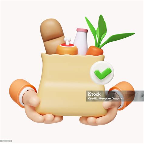 음식과 올바른 표시가 있는 3d 손 잡기 가방 음식 배달이 성공적이었습니다 아이콘은 흰색 배경에 분리되어 있습니다 3d 렌더링 그림입니다 클리핑 패스 3차원 형태에 대한