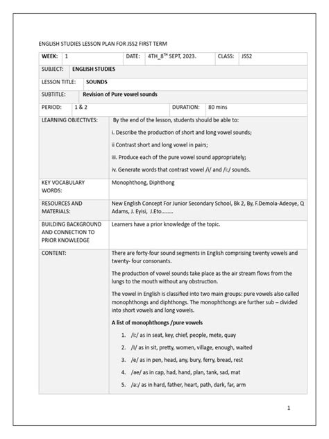 English Lesson Plan For Jss2 First Term Pdf