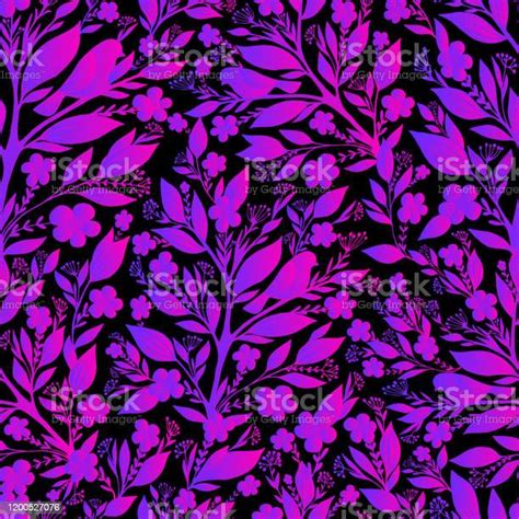 실루엣 새와 나뭇가지 잎 꽃 밝은 네온 보라색 핑크 그라데이션 색상 원활한 패턴 고립 된 검은 색 배경 Psyckhedelic 초현실적 인 판타지 숲 벡터 손으로 그린
