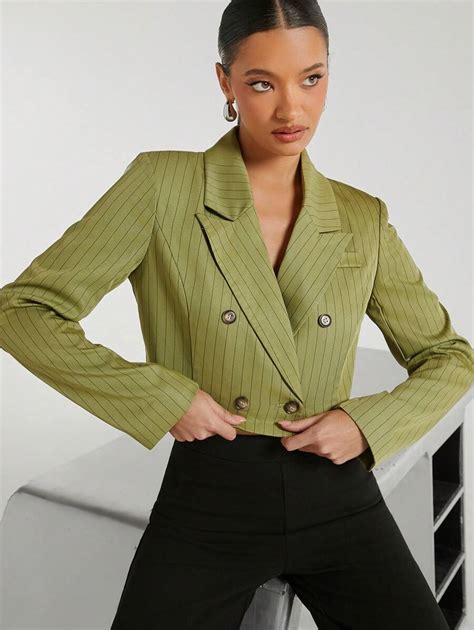 Naked Moon Shein Bae Pinstripe Double Breast Crop Blazer Shein Uk