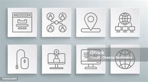 세트 컴퓨터 마우스 온라인 클래스 비디오 채팅 컨퍼런스 책 모니터 소셜 네트워크 위치 및 브라우저 창 아이콘을 설정합니다 벡터 공부에 대한 스톡 벡터 아트 및 기타 이미지