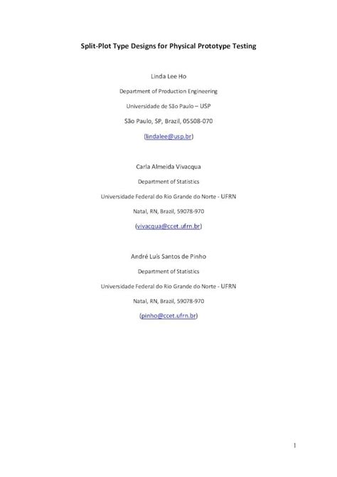 pdf split plot type designs for physical prototype testing · 1 split plot type designs for