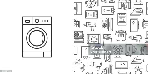 가전 제품 라인 스타일 아이콘이 있는 세탁기 간판 및 벡터 원활패턴 가정 생활에 대한 스톡 벡터 아트 및 기타 이미지 가정