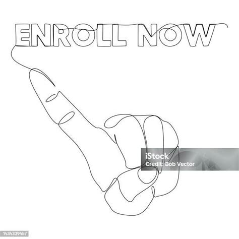 지금 등록 단어에서 검지 손가락의 연속 한 줄이 가리 킵니다 씬 라인 일러스트 레이 션 벡터 개념 윤곽선 그리기 창조적 인 아이디어 가리키기에 대한 스톡 벡터 아트 및 기타