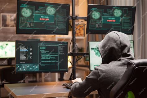 Premium Photo Back View Of Male Hacker Wearing Hoodie While Doing Cyberterrorism Using