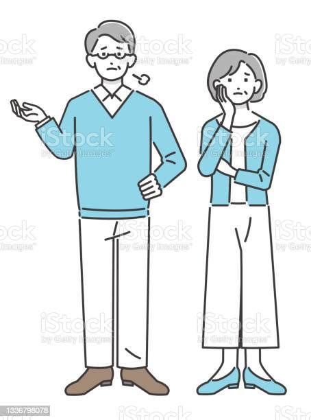 고민하는 얼굴 심플 시니어 커플을 흔드는 시니어 부부의 벡터 일러스트 소재 걱정하는에 대한 스톡 벡터 아트 및 기타 이미지