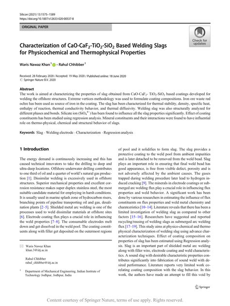 Characterization Of Cao Caf2 Tio2 Sio2 Based Welding Slags For