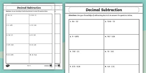 Middle School Basic Skills Decimal Subtraction Intervention Activity