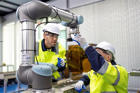 engineer teach trainee operation maintenance and programing robot arm to work on heavy industry