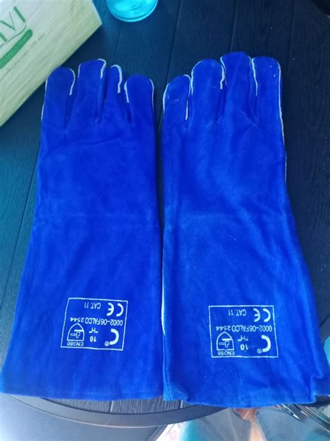 ถุงมือหนังท้องบุเยื่อในกันความร้อน สีน้ำเงิน 150 องศา ยาว 16