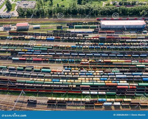 A Freight Sorting Railway Station In The Photo A Sorting Node On The Railway In The Background