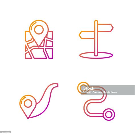 Set Line Route Location Route Location Folded Map With Location Marker And Road Traffic Sign