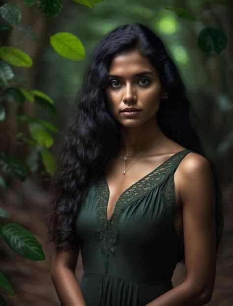 Uma Garota Do Sri Lanka Na Floresta Vestindo Um Vestido Verde Escuro