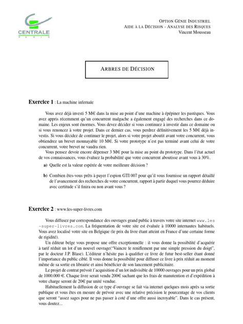 Arbres De DÉcision Exercice 1 La Machine Infernale Exercice 2 Pdf