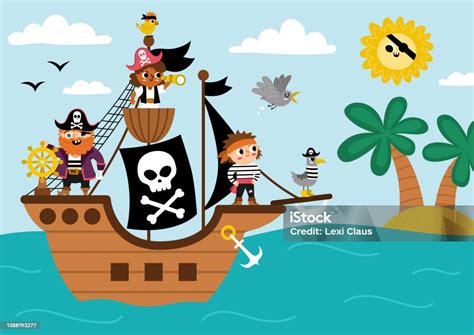 벡터 해적선 장면 야자수와 보물 섬에 항해 해적 해적 선박 바다 태양 하늘 해안과 보물 사냥 그림 그림책 바다 풍경 해적에 대한 스톡 벡터 아트 및 기타 이미지 Istock