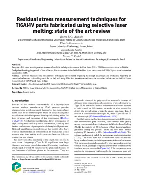 Pdf Residual Stress Measurement Techniques For Ti6al4v Parts