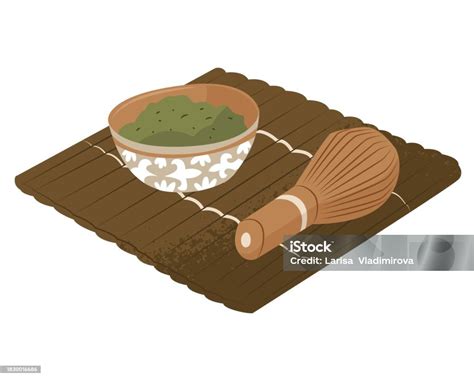 대나무 돗자리와 휘젓는 거품기 그리고 그 위에 초록색 말차 가루가 장식된 그릇 동양의 차를 마시는 문화 이국적인 영적 전통 벡터 일러스트 레이 션입니다 0명에 대한 스톡