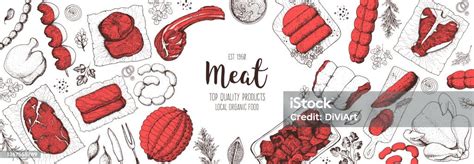 육류 제품 상단 보기 프레임 벡터 그림입니다 새겨진 디자인 손으로 그린 그림 고기 디자인 템플릿의 조각 패키지 디자인에 적합합니다 닭고기 쇠고기 돼지 고기 소시지 양고기 햄