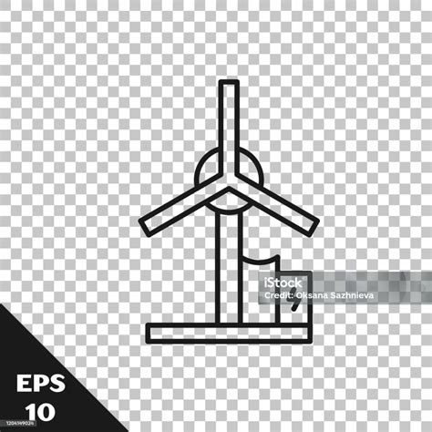 투명 한 배경에 격리 된 검은 선 바람 터빈 아이콘입니다 풍력 발전기 기호입니다 전력 생산을 위한 풍차 벡터 일러스트레이션 개발에 대한 스톡 벡터 아트 및 기타 이미지