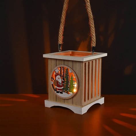 Felinar Decorativ Din Lemn Shopiens® Model De Craciun Pentru Lumanare Cu Om De Zapada 15 X 15