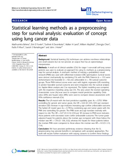 Pdf Statistical Learning Methods As A Preprocessing Step For Survival Analysis Evaluation Of