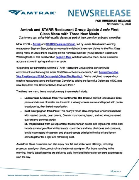 Amtrak And Starr Restaurant Group Update Acela First Class Menu With