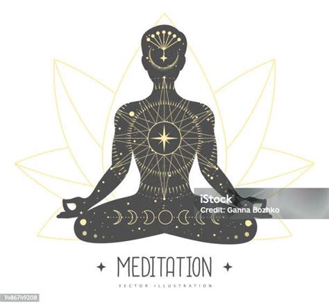 우주 공간 우주 태양 달 별 행성이 안에 있는 명상하는 남자의 실루엣 벡터 그림 점성술에 대한 스톡 벡터 아트 및 기타 이미지