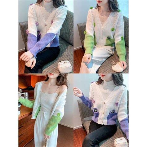 Over Rose พร้อมส่ง เสื้อคลุมแขนยาว ไหมพรม ดีไซน์พิเศษ ดอกไม้ กระดุมหน้า ผ้าคุณภาพ Th