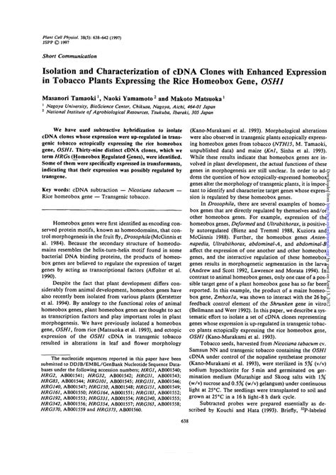 Pdf Isolation And Characterization Of Cdna Clones With Enhanced Expression In Tobacco Plants