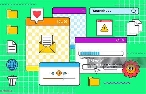 다른 메시지 상자와 사용자 인터페이스 요소와 증기파 Pc 데스크탑 증기파 스타일 Ui 벡터 일러스트 레이 션 1990 1999