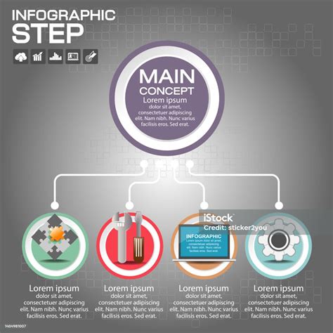 비즈니스 데이터 프로세스 차트입니다 단계 옵션 부품 또는 프로세스가 있는 다이어그램 프레젠테이션을 위한 비즈니스 템플릿입니다 그래프의 추상적인 요소 인포 그래픽에 대 한