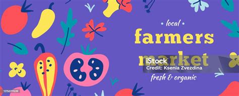 야채와 손으로 그린 다채로운 벡터 일러스트와 농민 시장 전단지 또는 웹 배너 레이아웃 지역 유기농 식품 박람회 행사를위한 그래픽 디자인 템플릿 가을에 대한 스톡 벡터 아트