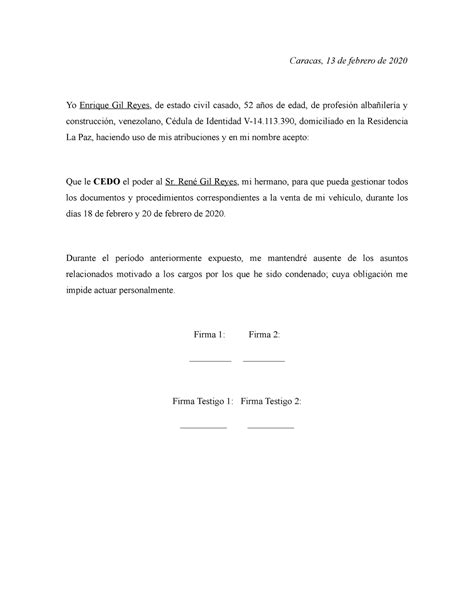 Carta De Poder Notarial Formato Caracas 13 De Febrero De 2020 Yo