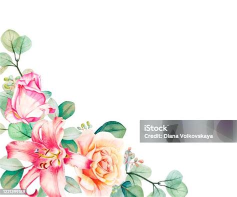 수채화 꽃 유칼립투스 핑크와 차 장미와 백합 꽃다발 프레임 템플릿 손으로 그린 그림입니다 만개 한 꽃 풍경 0명에 대한 스톡