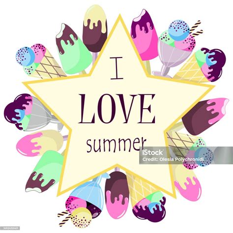 큰 노란색 별 안에 텍스트 상자가 있는 다양한 아이스크림으로 만든 여름 프레임 공휴일에 대한 스톡 벡터 아트 및 기타 이미지 공휴일 냉동식품 다양 Istock