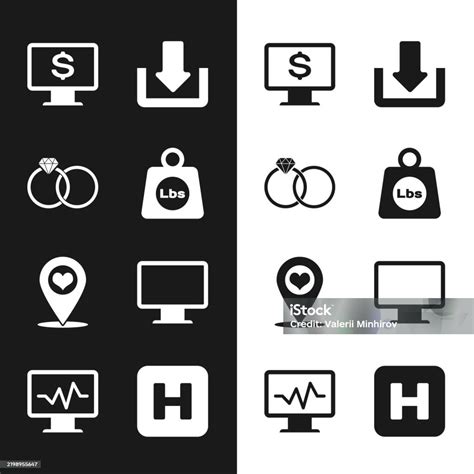 무게 파운드 결혼 반지 달러 모니터 다운로드 지도 포인터 하트 및 컴퓨터 모니터 화면 아이콘을 설정합니다 벡터 건강 모니터링에 대한 스톡 벡터 아트 및 기타 이미지 Istock