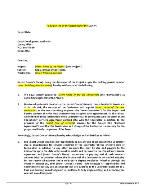 Za Dc T 110 Undertaking By Owner Replace Contractor For Building Pdf Indemnity Civil Law