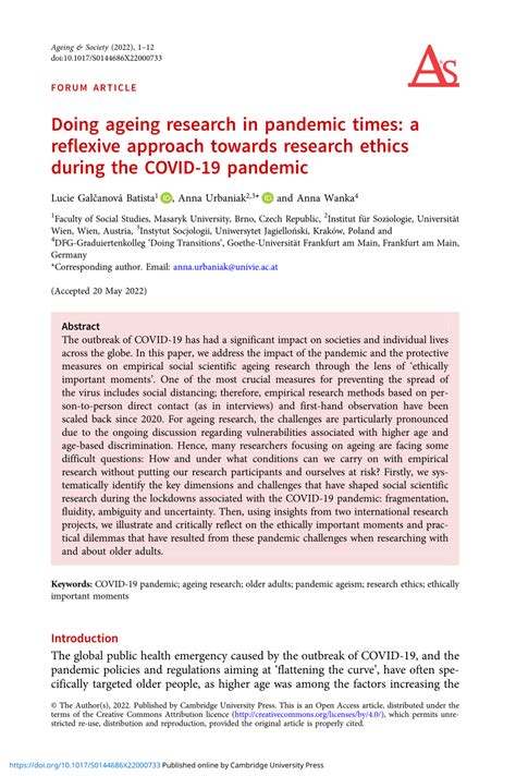 Pdf Doing Ageing Research In Pandemic Times A Reflexive Approach Towards Research Ethics