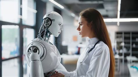 A Female Scientist Is Collaborating With An Ai Robot In A Modern Laboratory Setting Stock Image