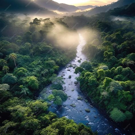 강은 아마존 열대우림의 정글을 통과합니다 프리미엄 사진